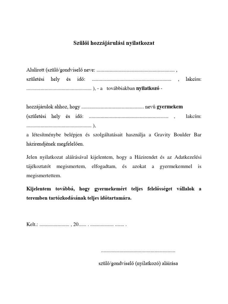 Szülői Hozzájárulási Nyilatkozat 1 1 | PDF