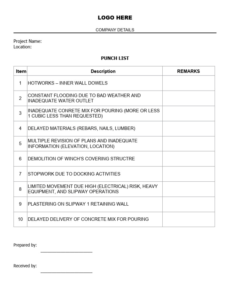 CONSTRUCTION PUNCHLIST SAMPLE | PDF