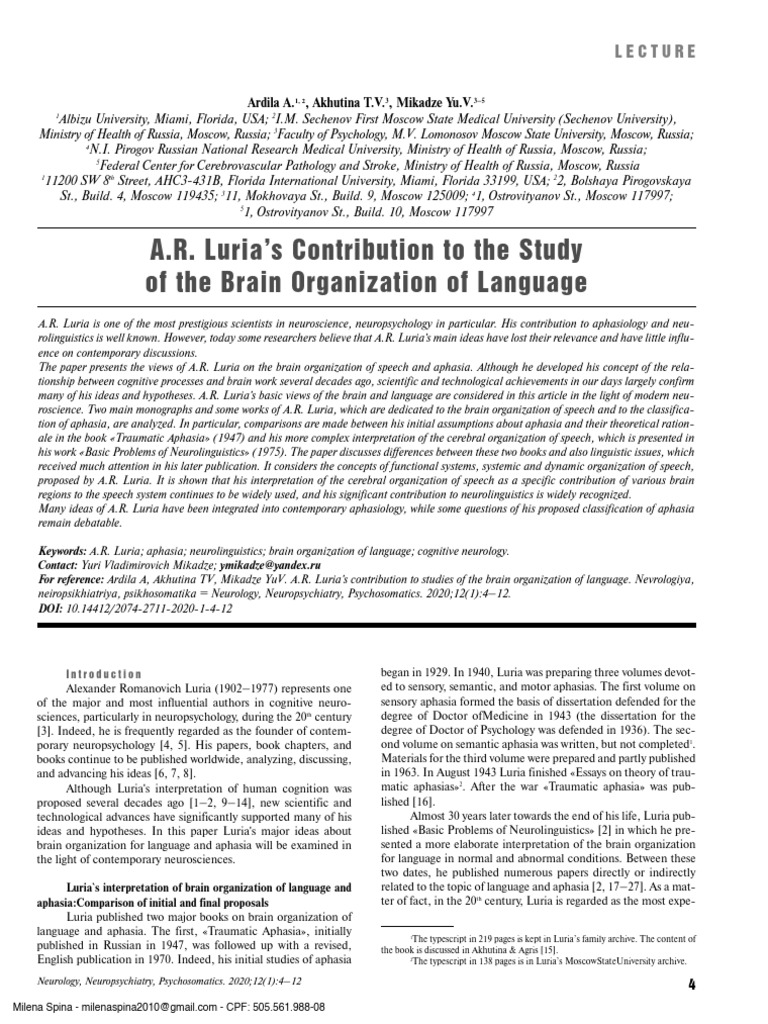 A.R. Luria's Contribution To The Study | PDF | Aphasia | Speech