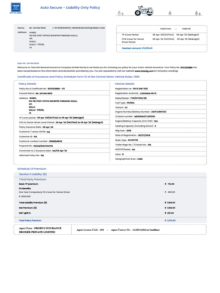 Certificate of Insurance and Policy Schedule Form 51 of The Central ...