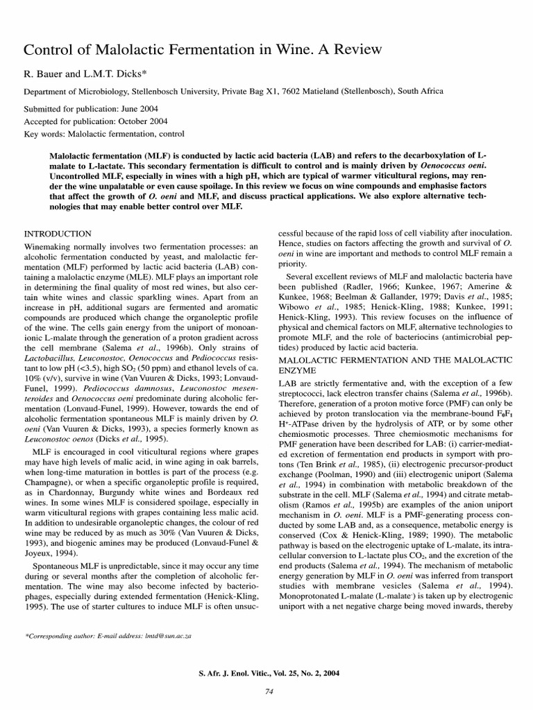 Control of Malolactic Fermentation in Wine | PDF