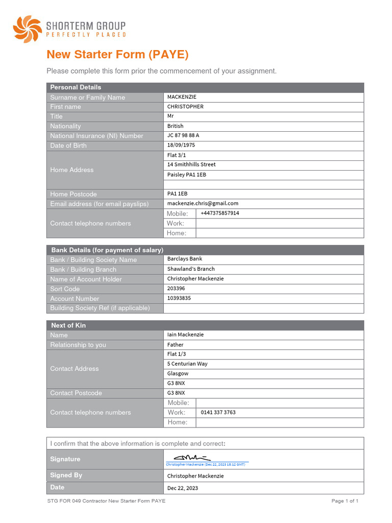 New Starter Form and HRMC Checklist (Objectid 583918 Type 370 ...