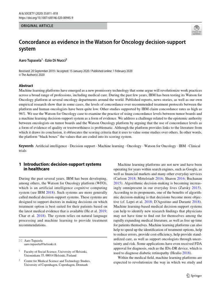 Concordance As Evidence in The Watson For Oncology Decision Support ...