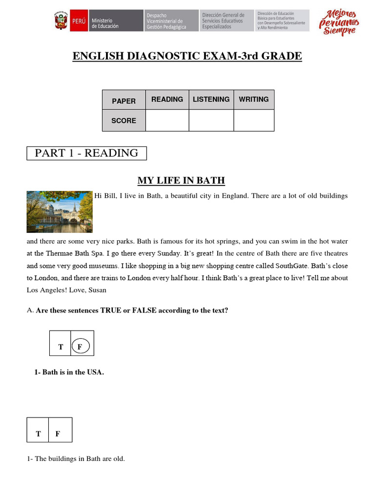 3rd Grade English Diagnostic Exam | PDF