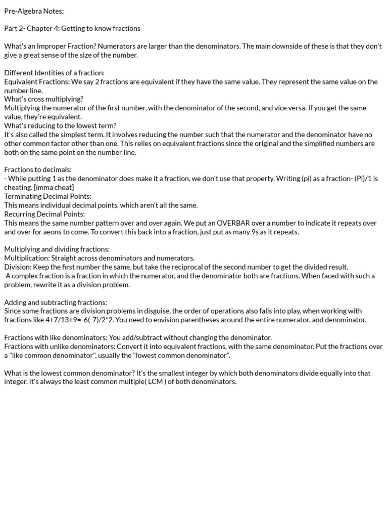 Fractions: Pre Algebra Summary | PDF | Numbers | Multiplication