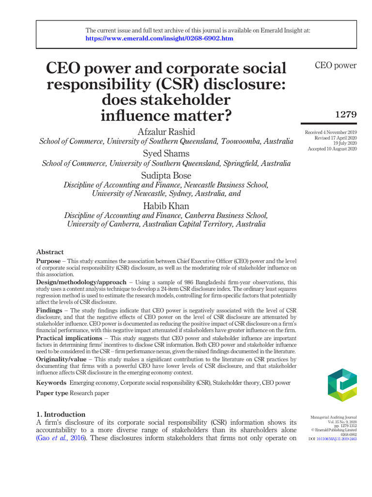 CEO Power and Corporate Socialresponsibility (CSR) Disclosure | PDF ...