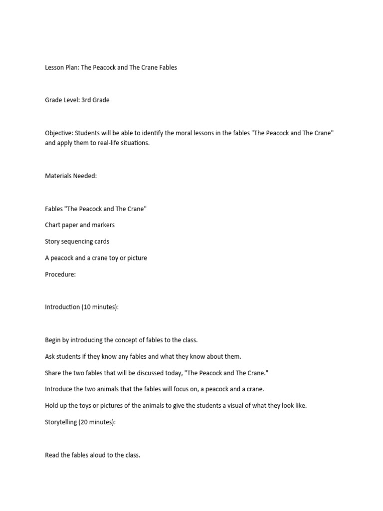 3rd Grade Fables: Peacock & Crane | PDF | Reading Comprehension ...
