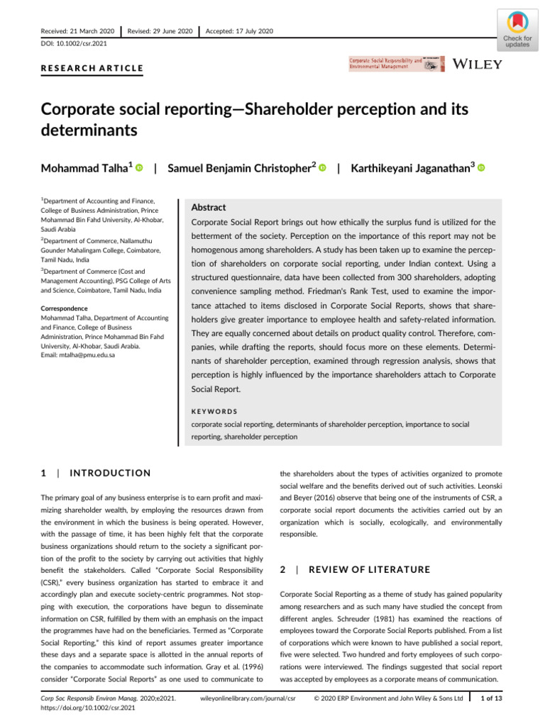 Corporate Social Reporting Shareholder Perception And Itsdeterminants