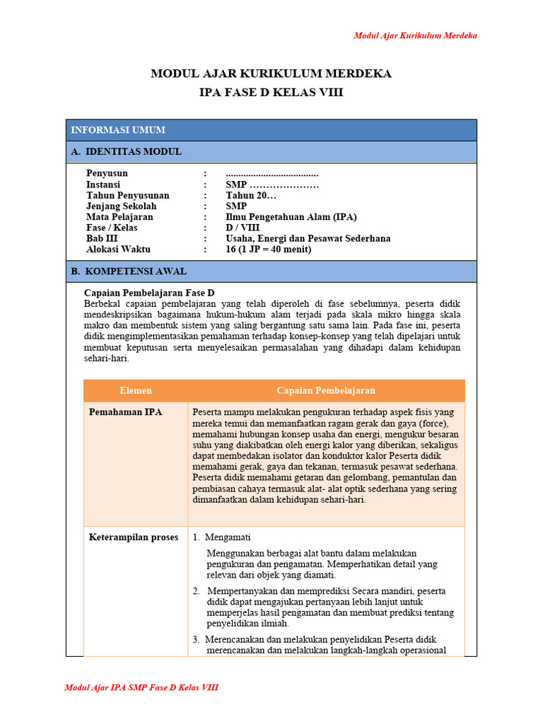 Modul Ajar Usaha, Energi, Pesawat Sederhana Juna | PDF