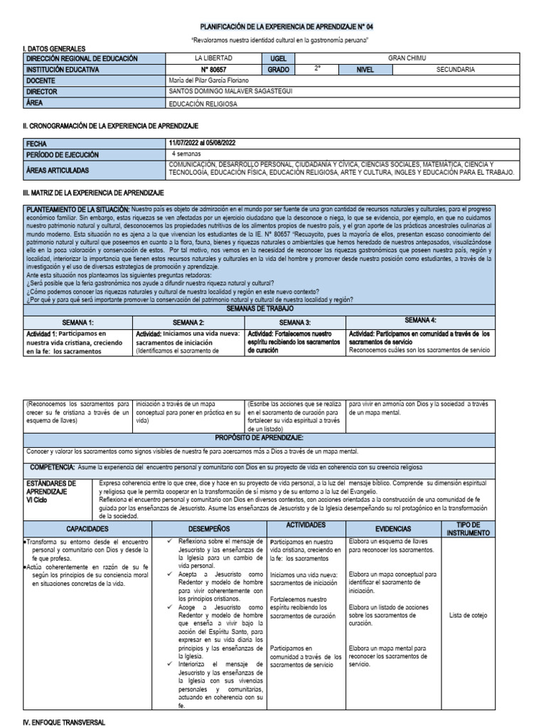 2 Grado Experiencia De Aprendizaje N 4 Pdf Sacramentos Aprendizaje