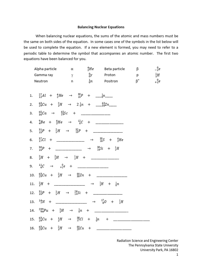 Nuclear Balance Worksheet | PDF | Ionizing Radiation | Atoms