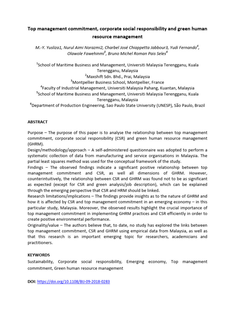 Top Management Commitment, Corporate Social Responsibility and Green Human Resource Managemen ...