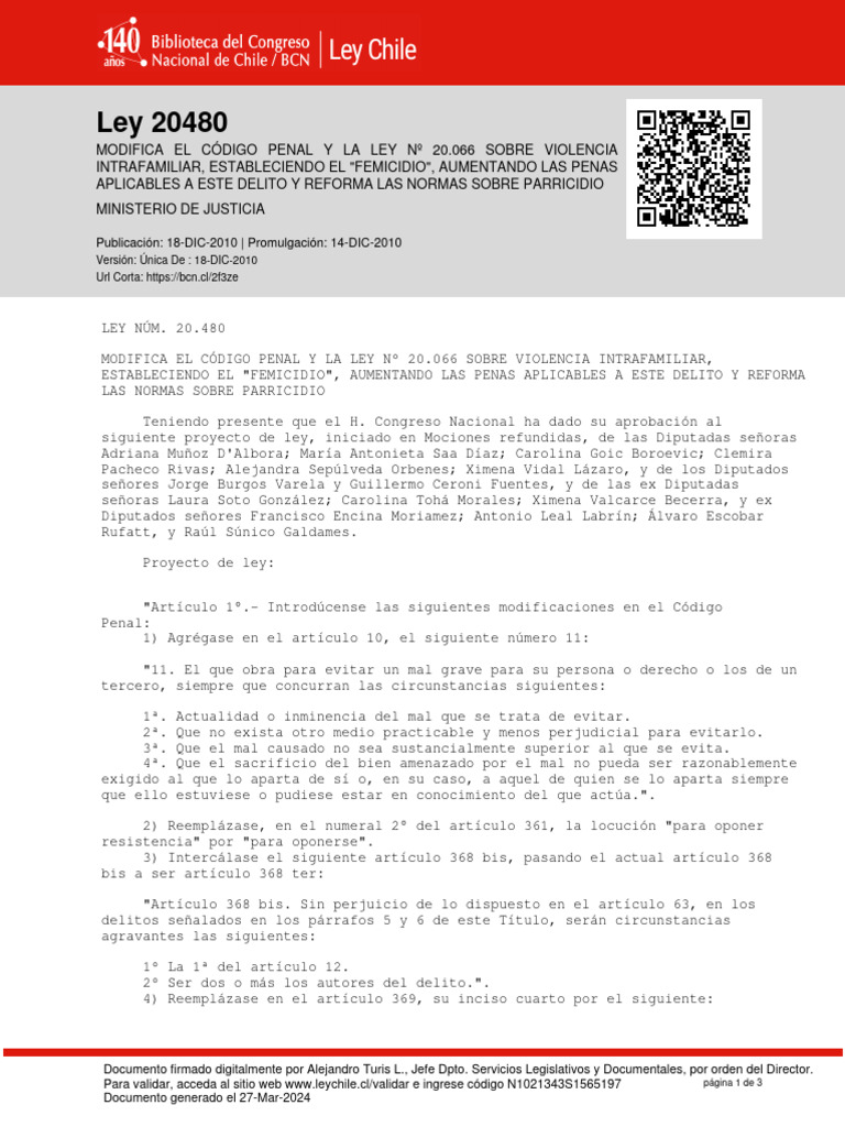 Ley 20480 - 18 DIC 2010 | PDF | Mandato | Justicia