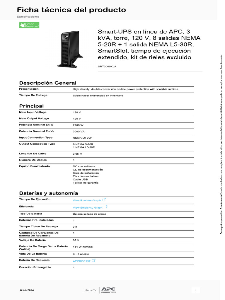APC - No Break SmartUPS en Línea - SRT3000XLA | PDF | Metrología | Cantidad