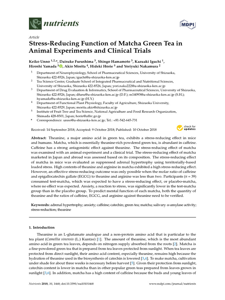 Stress Reducing Function Green Tea | PDF | Green Tea | Caffeine
