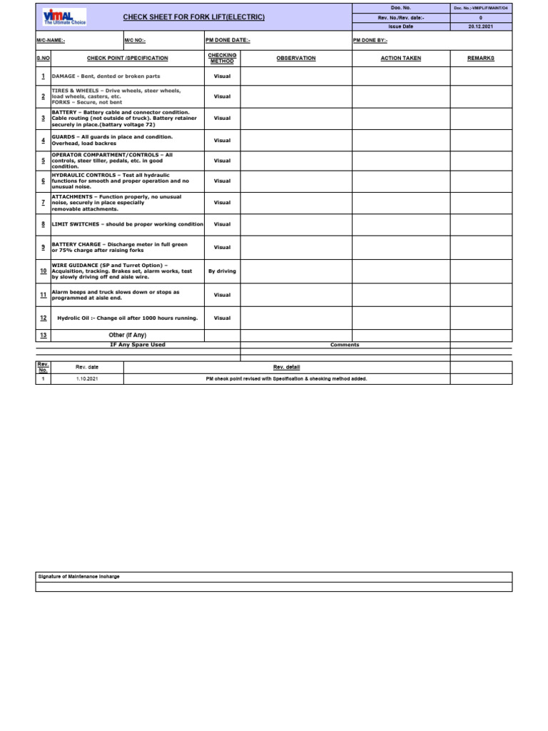 PM Check Sheet | PDF | Truck | Manufactured Goods