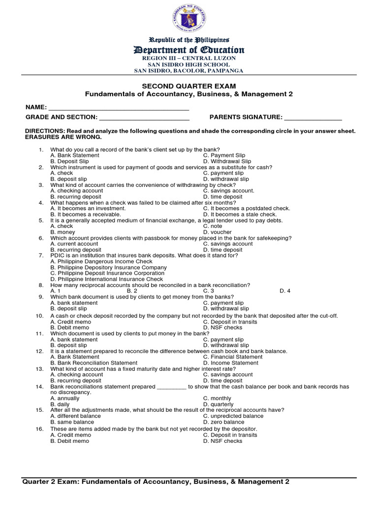 Second Quarter Exam Fabm2 | PDF | Taxes | Banks