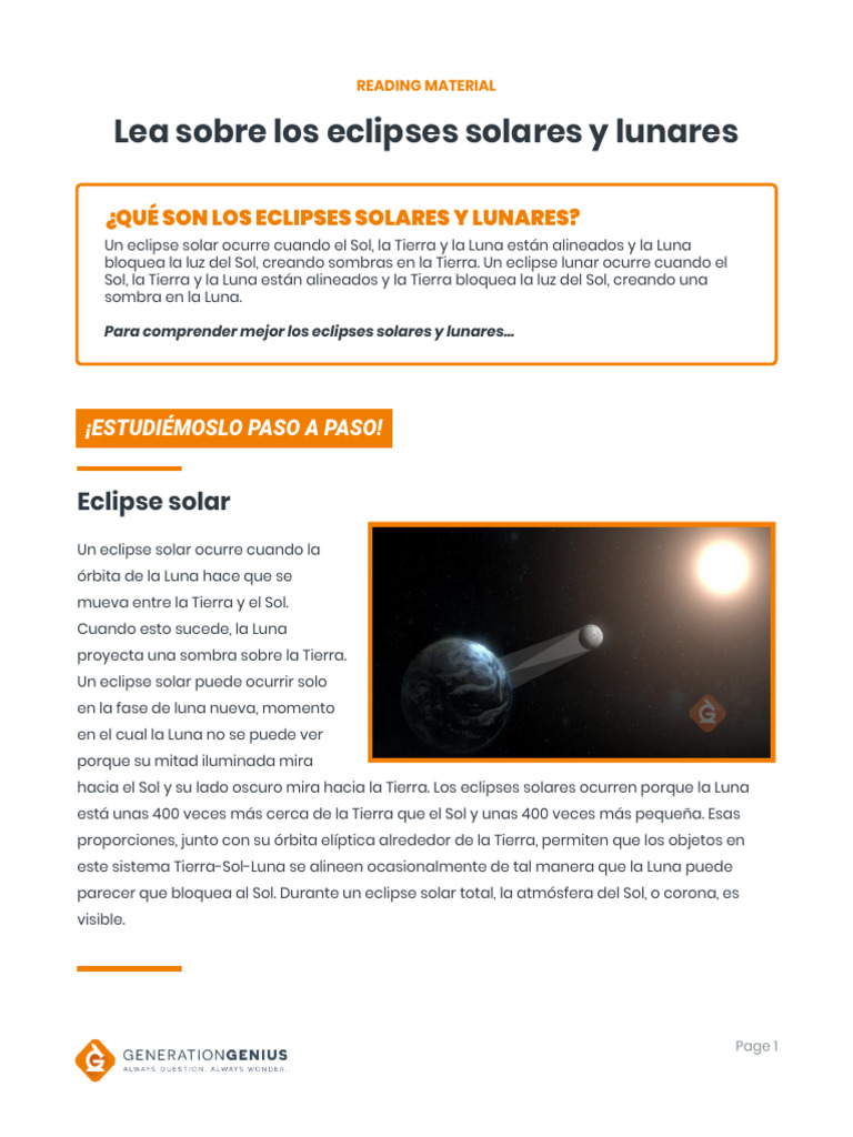 Eclipses Solares y Lunares Material de Lectura 6 A 8 Grado | PDF | Luna ...