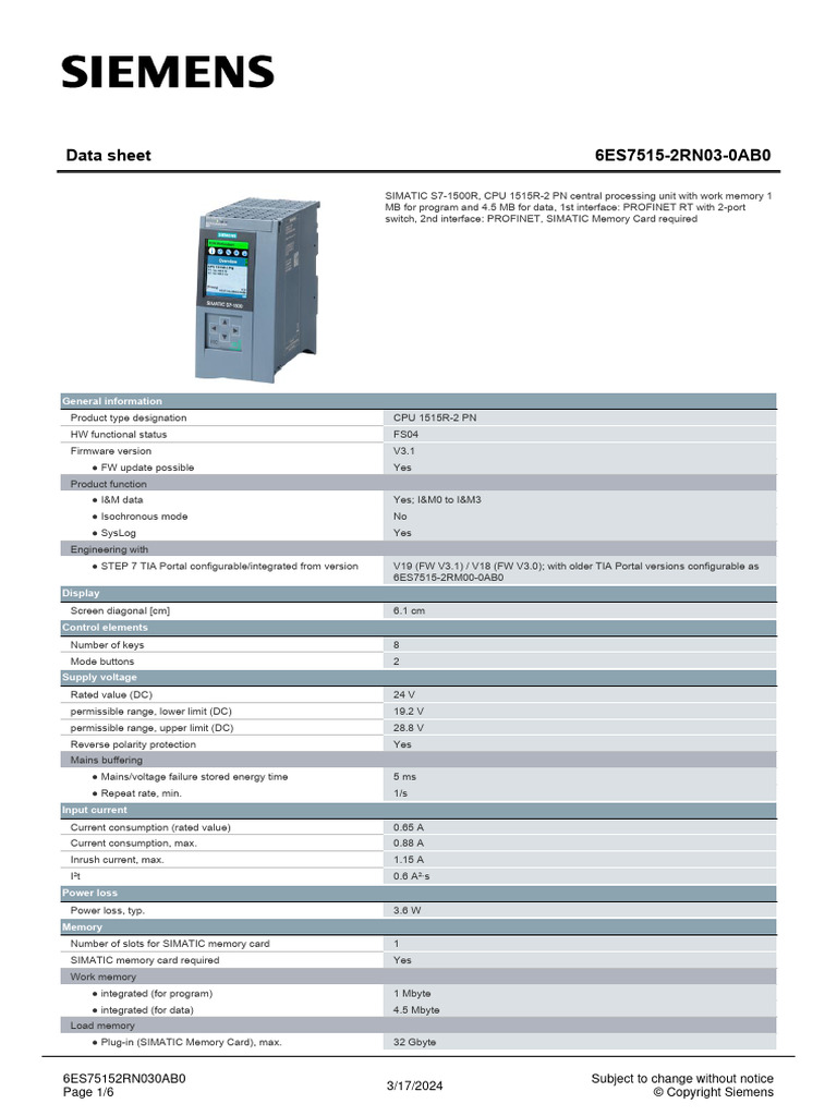 6ES75152RN030AB0 Datasheet en | PDF | Computer Networking | Computing