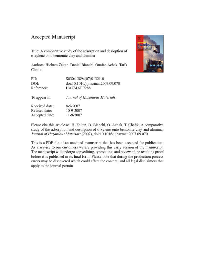 A Comparative Study of The Adsorption and Desorption of O-Xylene Onto ...