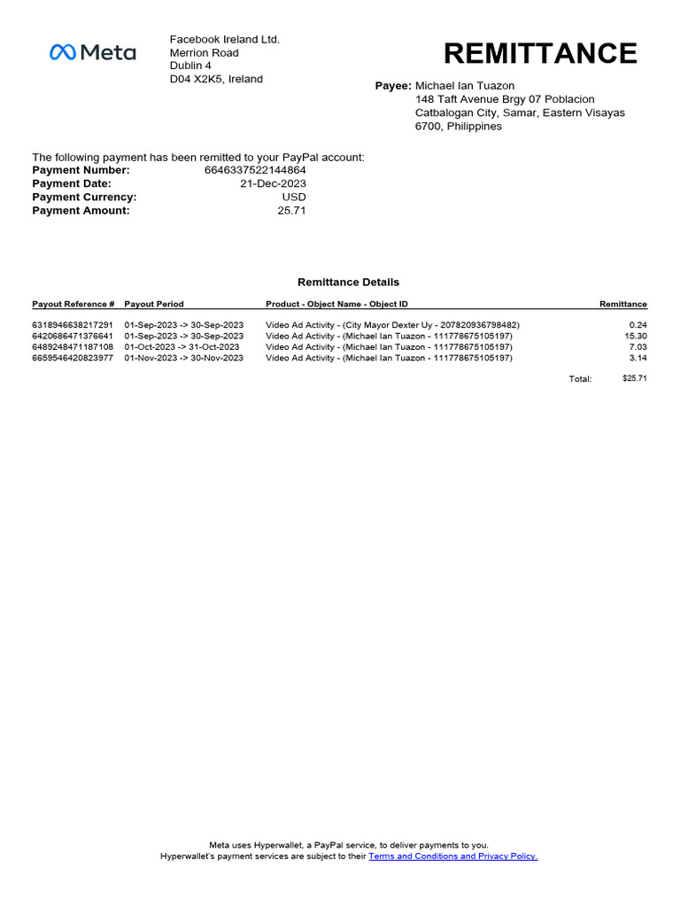 Facebook Remittance Payment Details | PDF | Payments | International ...