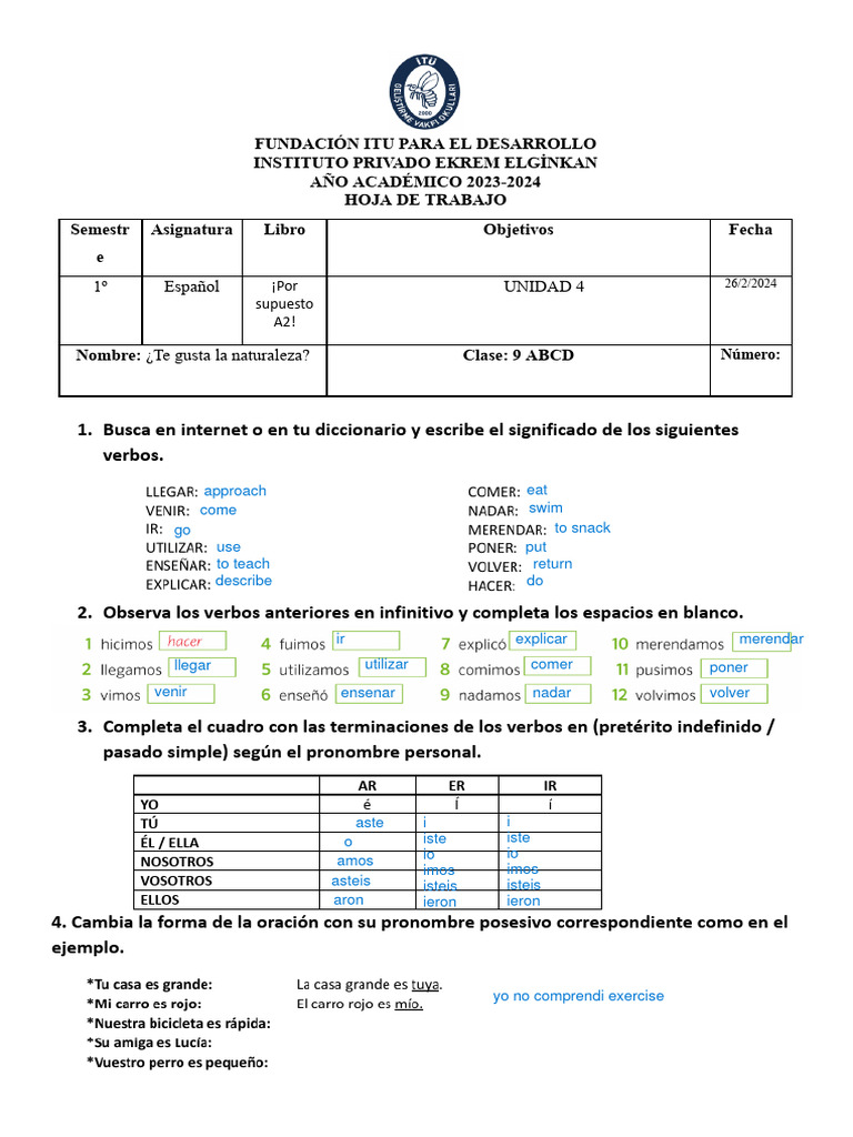 Ejercicios de Verbos en Español A2 | PDF | Lingüística | Unidades ...