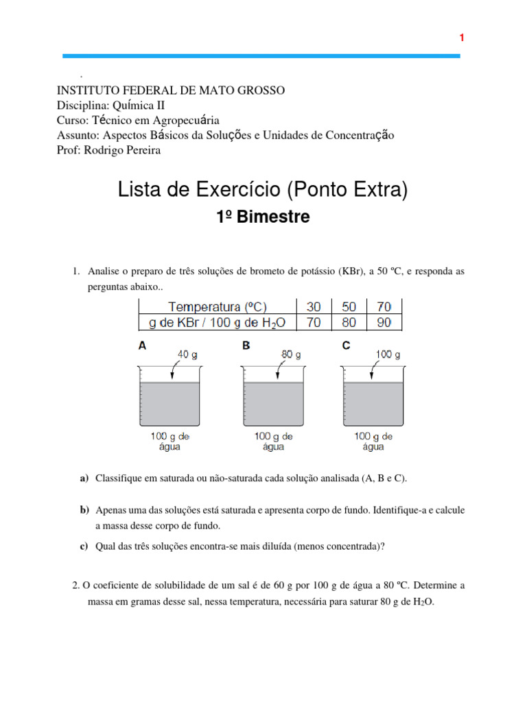 Lista de Exercício Ponto Extra 2C | PDF | Solubilidade | Concentração