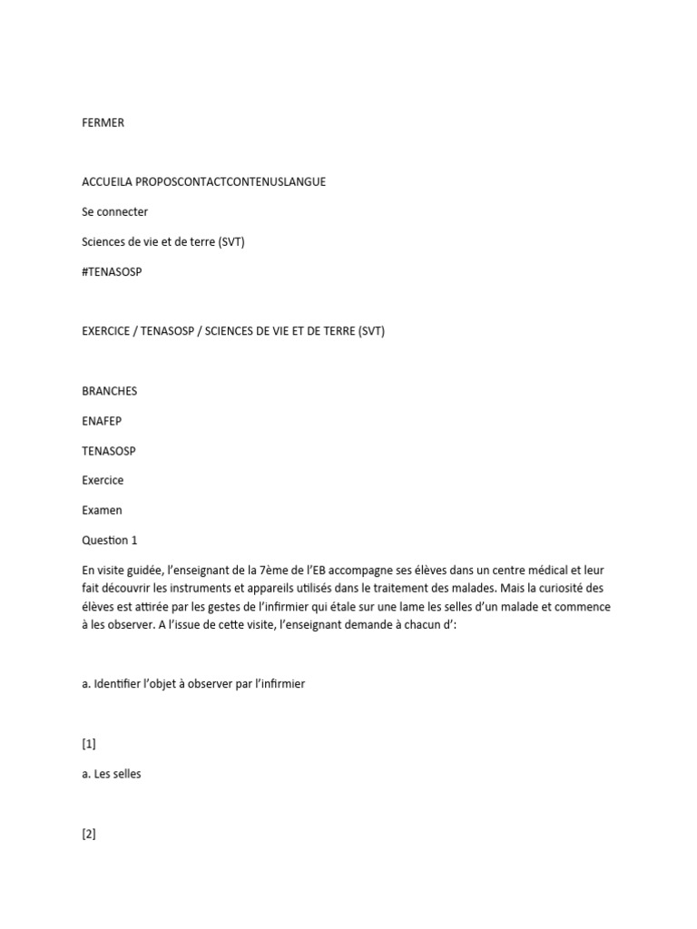 Questionnaire Tenasosp 2024 SVT | PDF | Racine | Anatomie