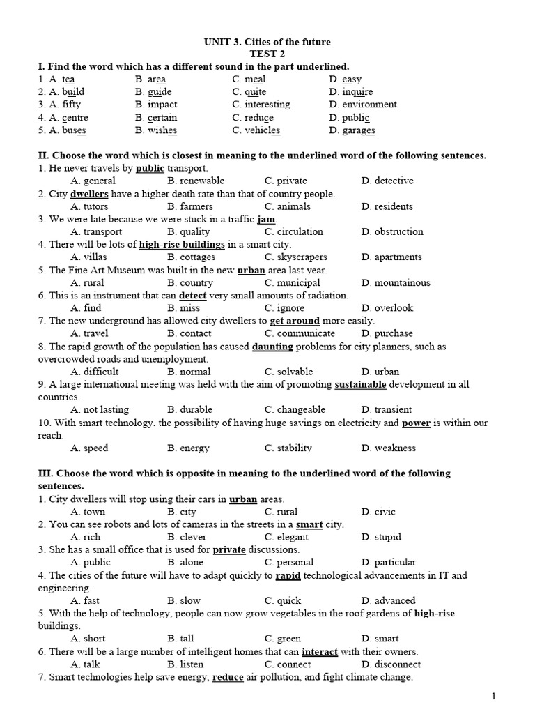 UNIT 3. Cities of The Future - TEST 2 | PDF