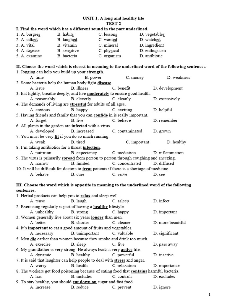 UNIT 1. A Long and Healthy Life - TEST 2 | PDF | Flexibility (Anatomy ...