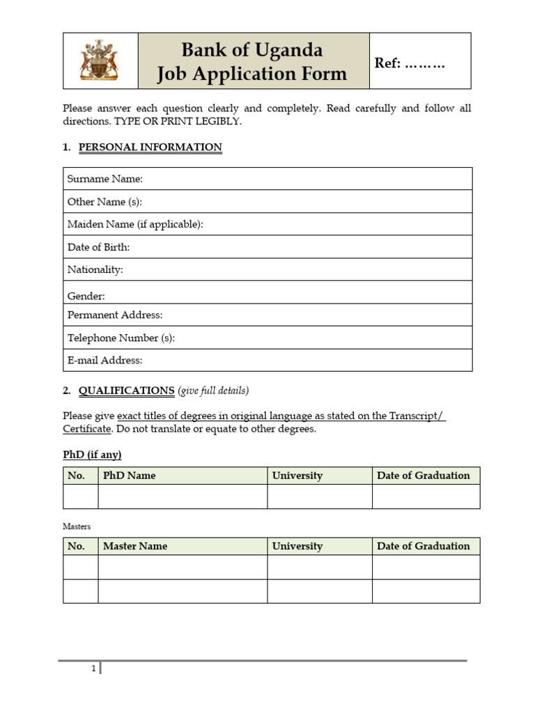 BoU Job Application Form | PDF | Qualifications | Vocational Education