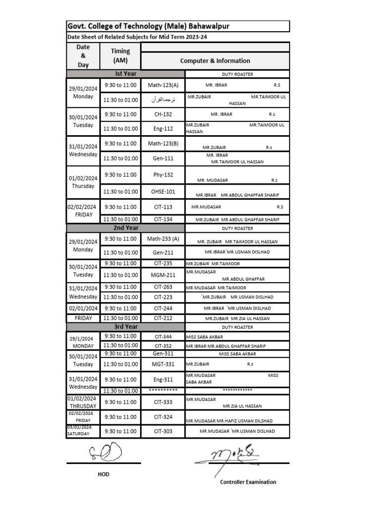 Date Sheet Mid Term 23-24 | PDF