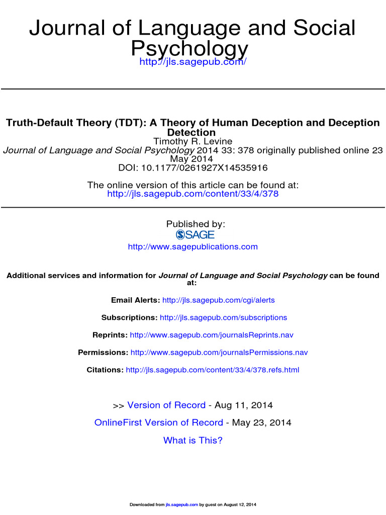Truth Default Theory Pdf Deception Behavioural Sciences
