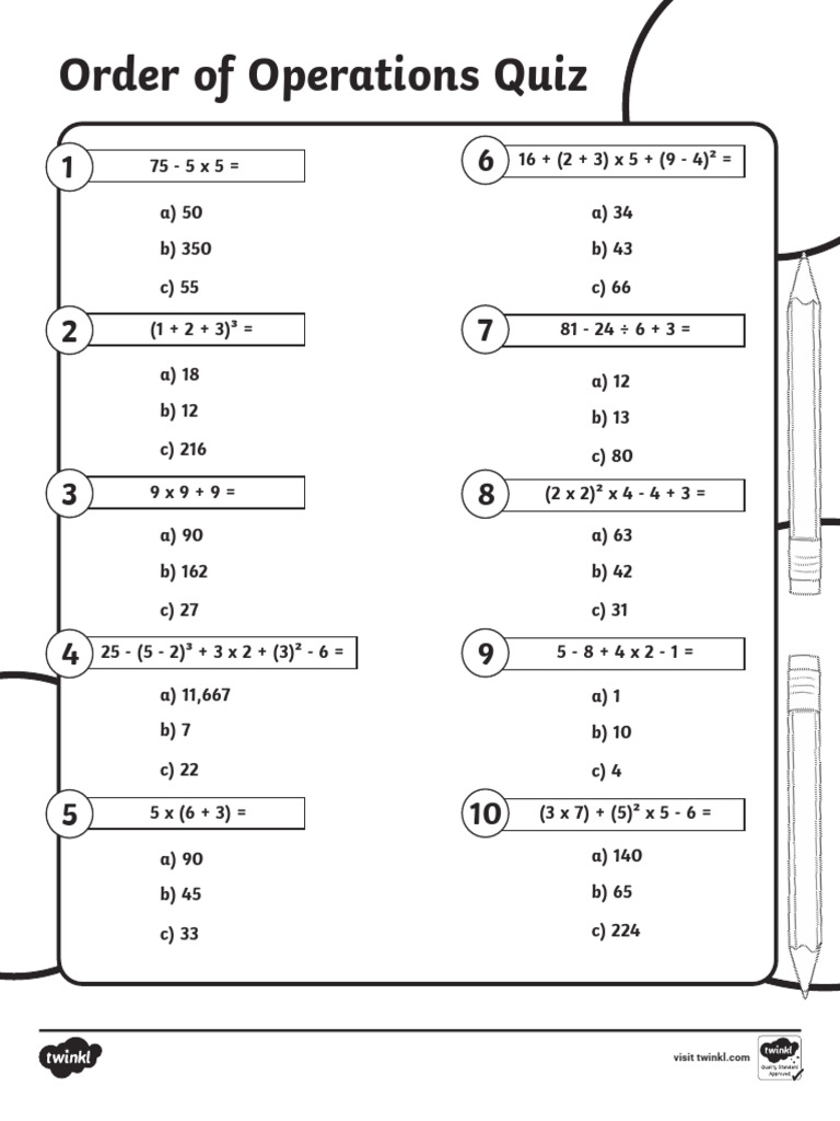 BW Sixth Grade Order of Operations Quiz | PDF