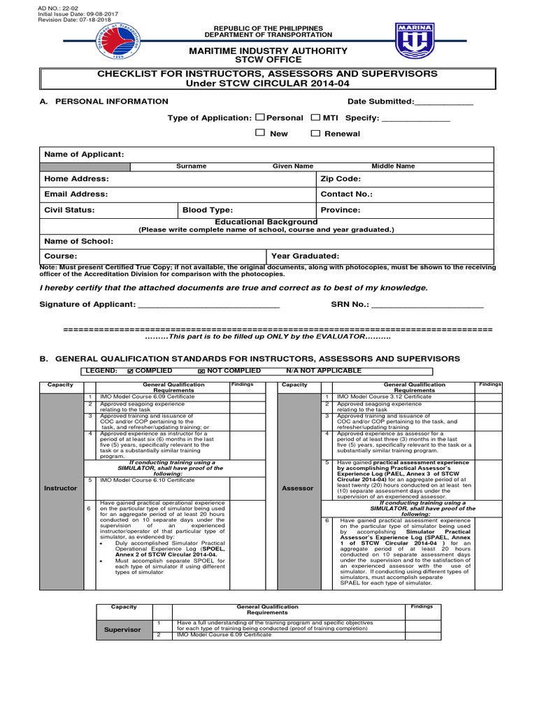 22 - Rev02 Checklist For Instructors Assessors and Supervisors Under ...