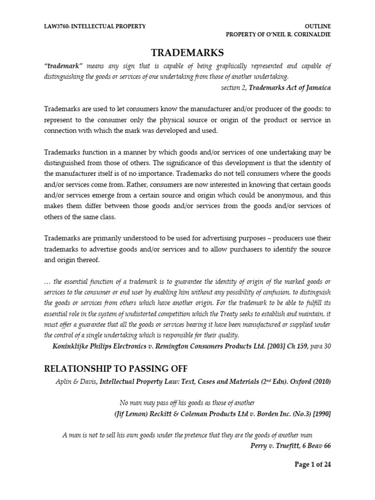 Intellectual Property Outline (Trademarks) | PDF | Trademark | Civil Law (Common Law)