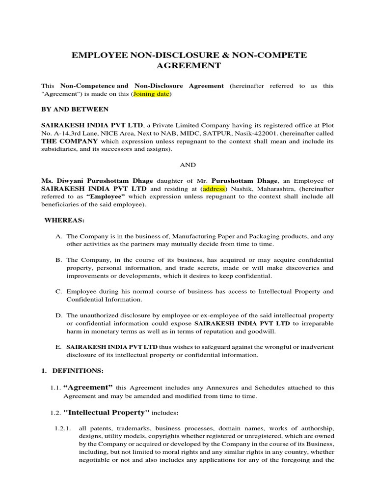 Employee Non Disclosure Non Competency Agreement For Diwyani | Download ...