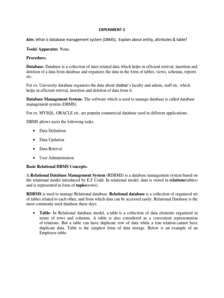 DBMS Experimentdbms-1 | PDF | Relational Database | Relational Model DBMS Experimentdbms-1 | PDF | Relational Database | Relational Model