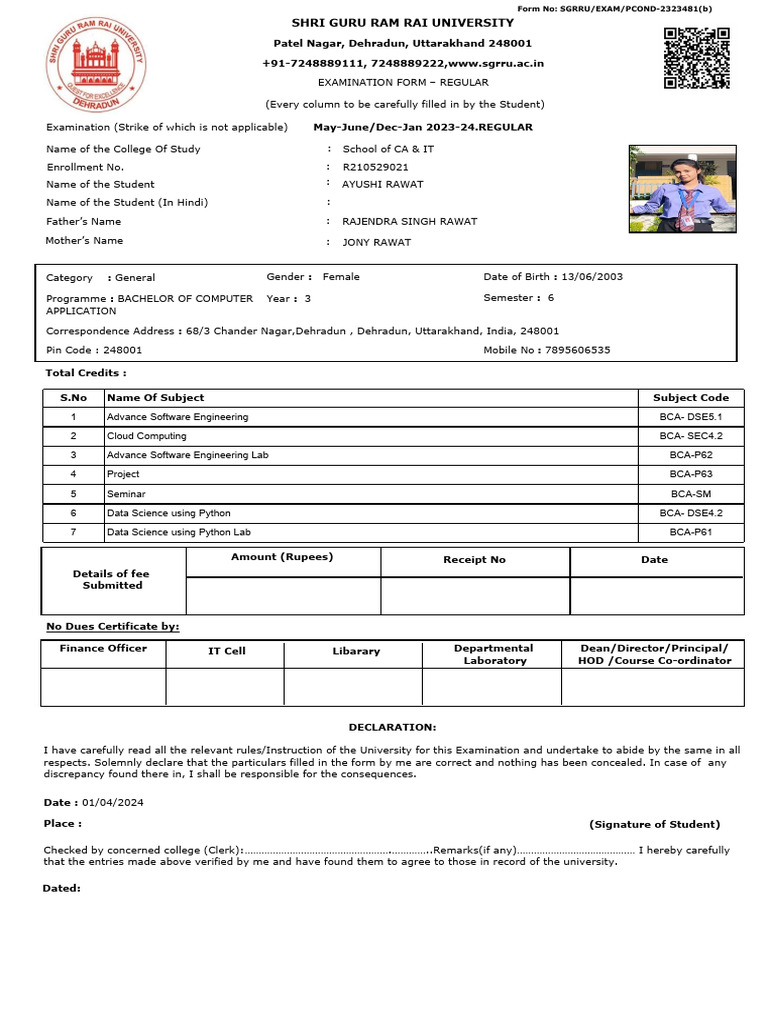 SGRRU Examination Form Submission | PDF | Computing | Computer Science