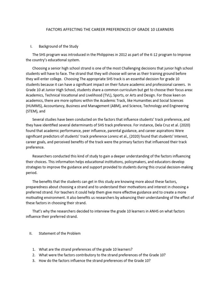 Factors Affecting The Career Preferences of Grade 10 Learners ...