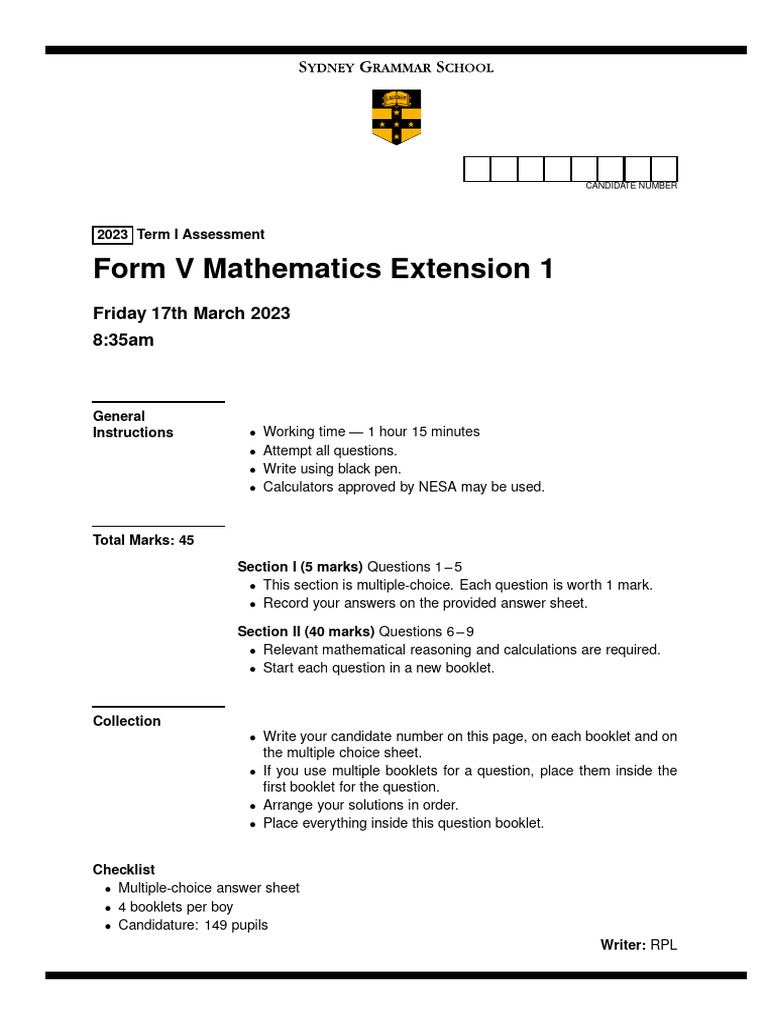 HSC Preliminary Math Extension 1 Exam | PDF | Multiple Choice ...