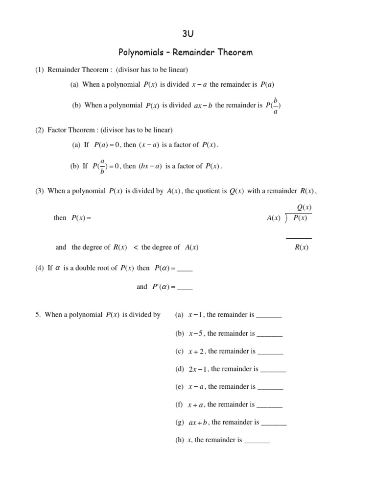 Polynomials - Remainder Theorem | PDF | Factorization | Algorithms