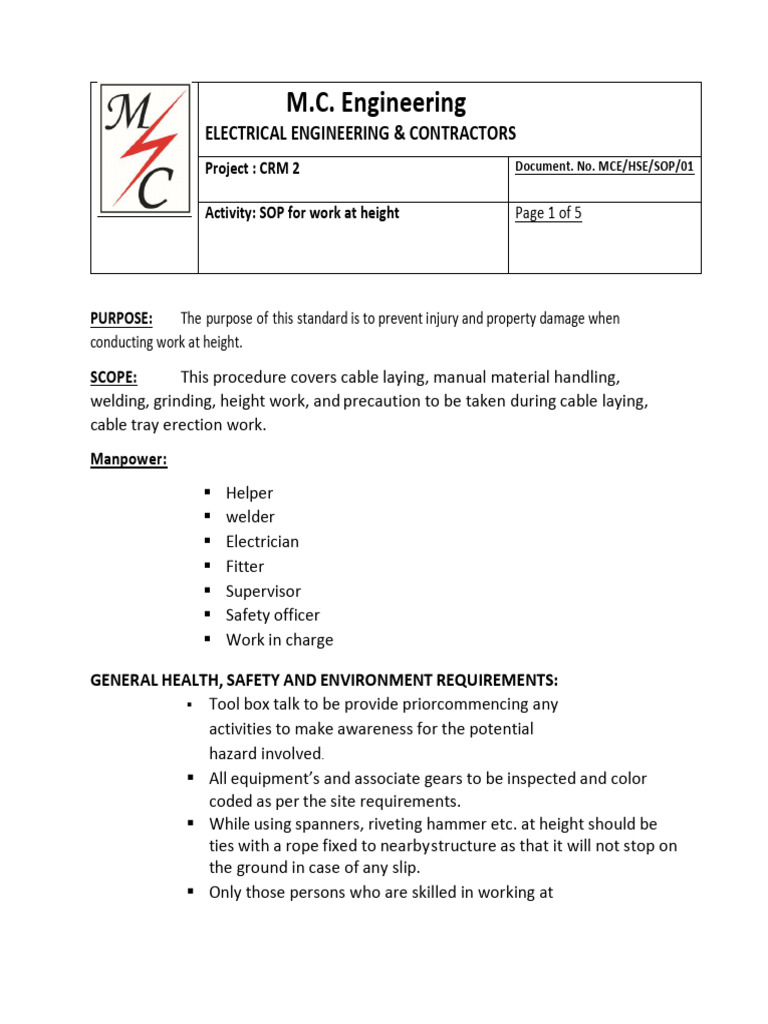 Work at Height Safety SOP | PDF | Welding | Construction