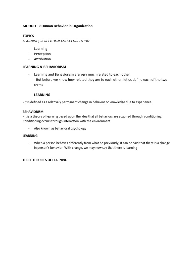 HBO Lesson 3 LEARNING, PERCEPTION AND ATTRIBUTION | PDF | Classical Conditioning | Learning