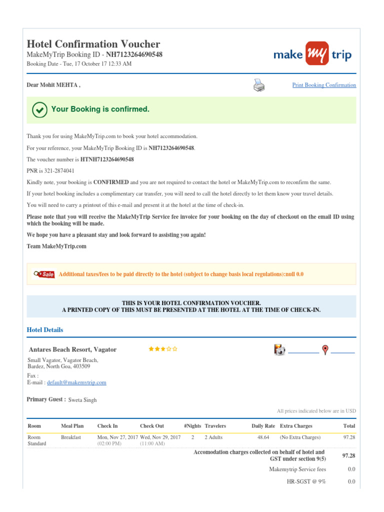 Hotel Confirmation Voucher MakeMyTrip Bo | Download Free PDF | Hotel ...
