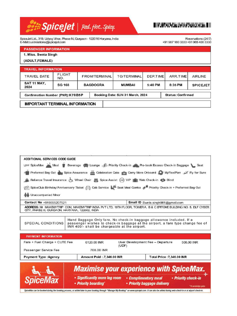 SpiceJet E Ticket PNR K78B5P 31 March 2023 | PDF