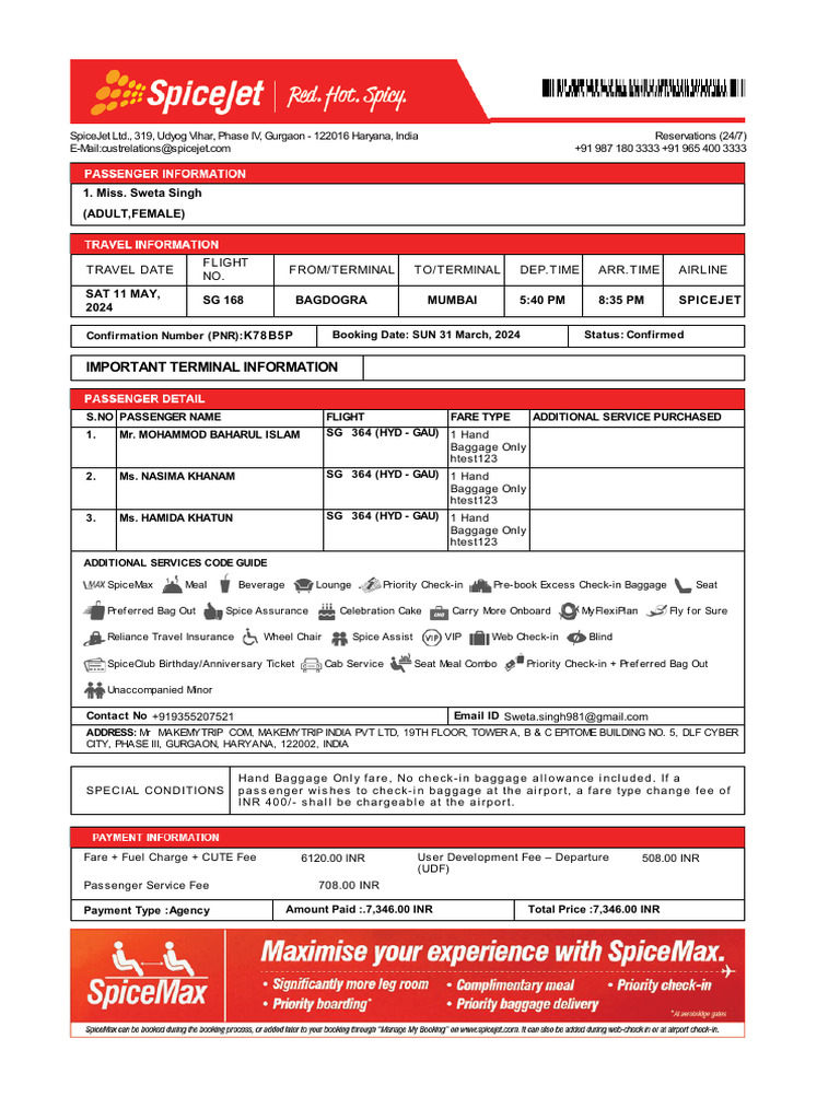 SpiceJet E Ticket PNR K78B5P 21 Jul 2018 | PDF