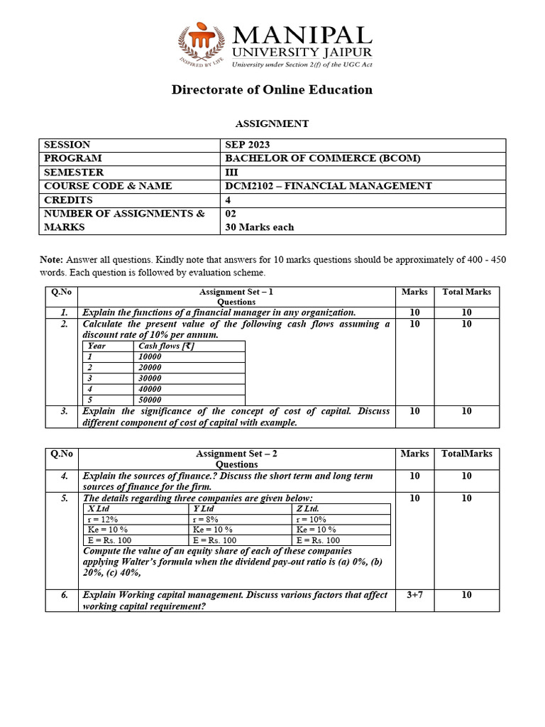 BCOM Financial Management Assignment | PDF | Cost Of Capital | Financial Services