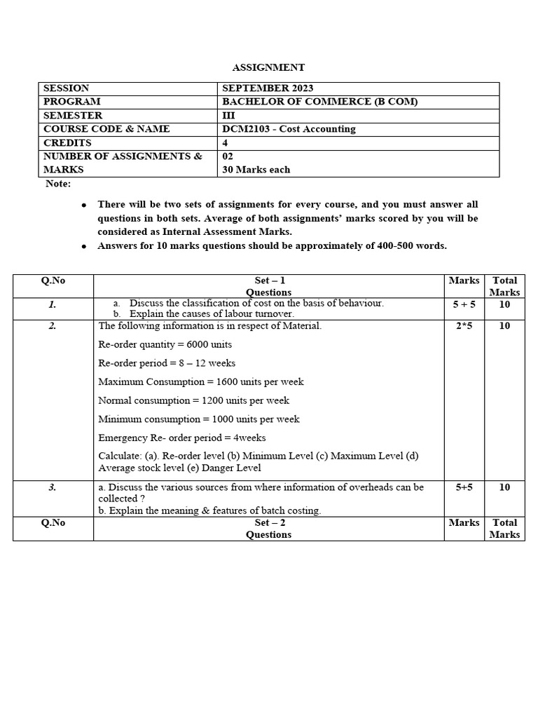 Cost Accounting Assignment Guide 2023 | PDF | Business | Economies