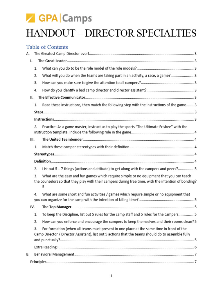 Camp Director Skills and Strategies Guide | PDF | Bullying | Leadership